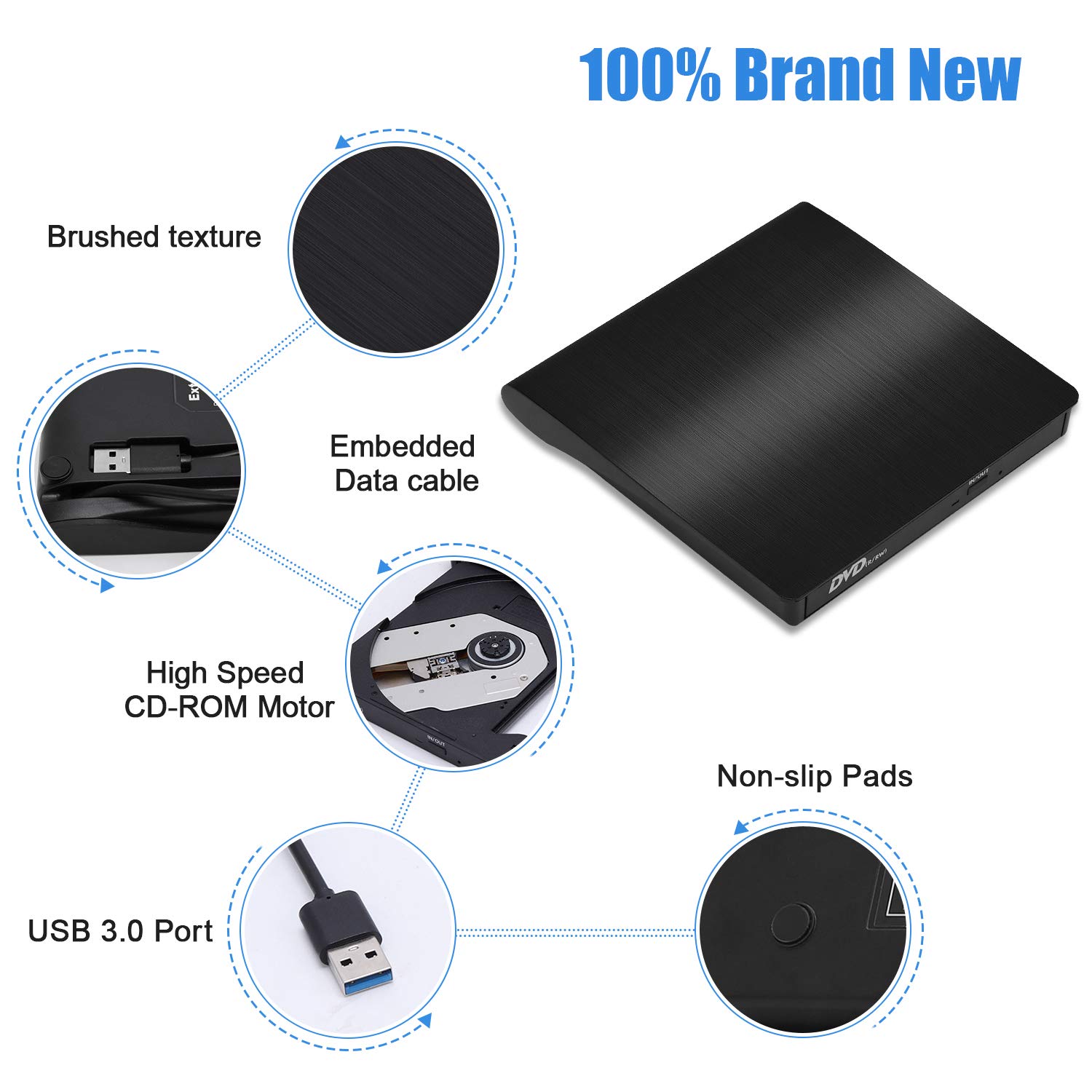 External CD/DVD Drive for Laptop, USB 3.0 Portable DVD CD+/-RW Drive Slim DVD/CD ROM Rewriter Burner Writer, High Speed Data Transfer Pro Desktop