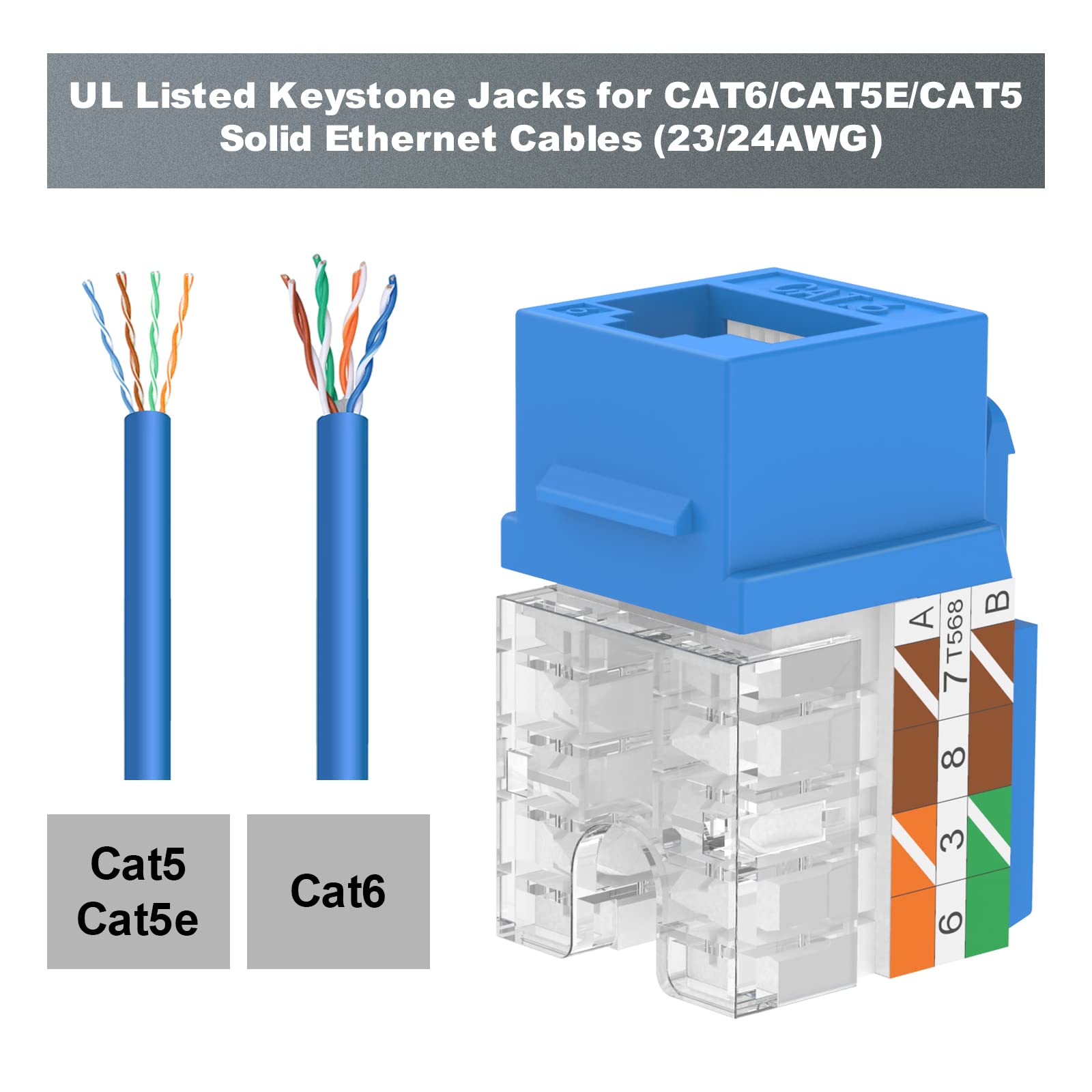 VCE RJ45 Cat6 Keystone Jacks Slim Profile UL-Listed 25-Pack, 90-Degree Ethernet Punch Down Keystone Jack Adapter-Blue