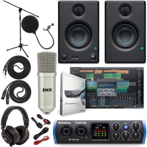 presonus studio 24c 2x2 usb type-c audio/midi interface w/eris 3.5 pair studio monitors and 1/4” trs to trs instrument cable and lyxpro recording bundle