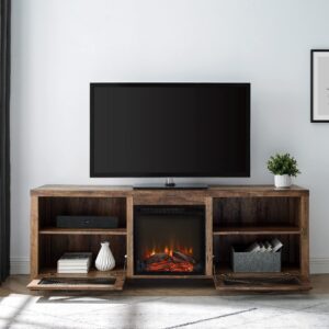 Walker Edison Calgary Industrial Farmhouse X-Drawer Metal Mesh and Wood Fireplace TV Stand for TVs up to 80 Inches, 70 Inch, Rustic Oak