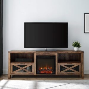 Walker Edison Calgary Industrial Farmhouse X-Drawer Metal Mesh and Wood Fireplace TV Stand for TVs up to 80 Inches, 70 Inch, Rustic Oak