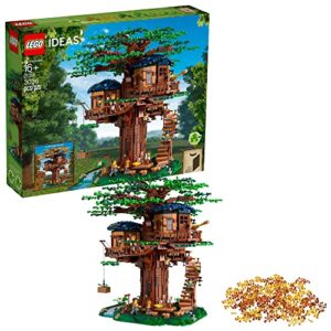 lego ideas tree house 21318, model construction set for 16 plus year olds with 3 cabins, interchangeable leaves, minifigures and a bird figure