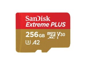 sandisk extreme plus 256gb microsdxc card with adapter uhs-i, u3, a2, v30 - sdsqxbz-256g-ancma