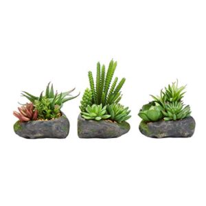 pure garden artificial succulent plants - 3-piece arrangement set in faux stone pots and assorted sizes - lifelike greenery for home decoration