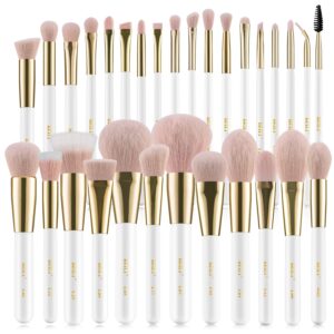 beili makeup brushes set 30pcs professional makeup brush premium pink vegan synthetic kabuki foundation blending brush face powder blush concealers eye shadows make up brush set (white/rose golden)