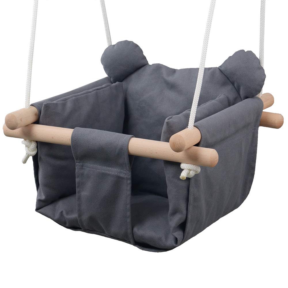 Jozeit Baby Kids Toddler Canvas Swing Seat Chair - with Cushion - Bear Ear Decor (Grey)