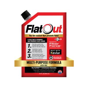 flatout off road tire sealant, multi-purpose formula, prevents flat tires, fix a flat tire, seals leaks, conatins kevlar, 32 ounce bag, 1-pack