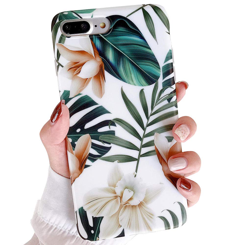 ooooops for iPhone 8 Plus Case, 7 Plus Case for Girls, Green Leaves with White&Brown Flower Pattern Design,Slim Fit Clear Soft TPU Full-Body Protective Cover for iPhone 7Plus 8Plus(Leaves&Flowers)