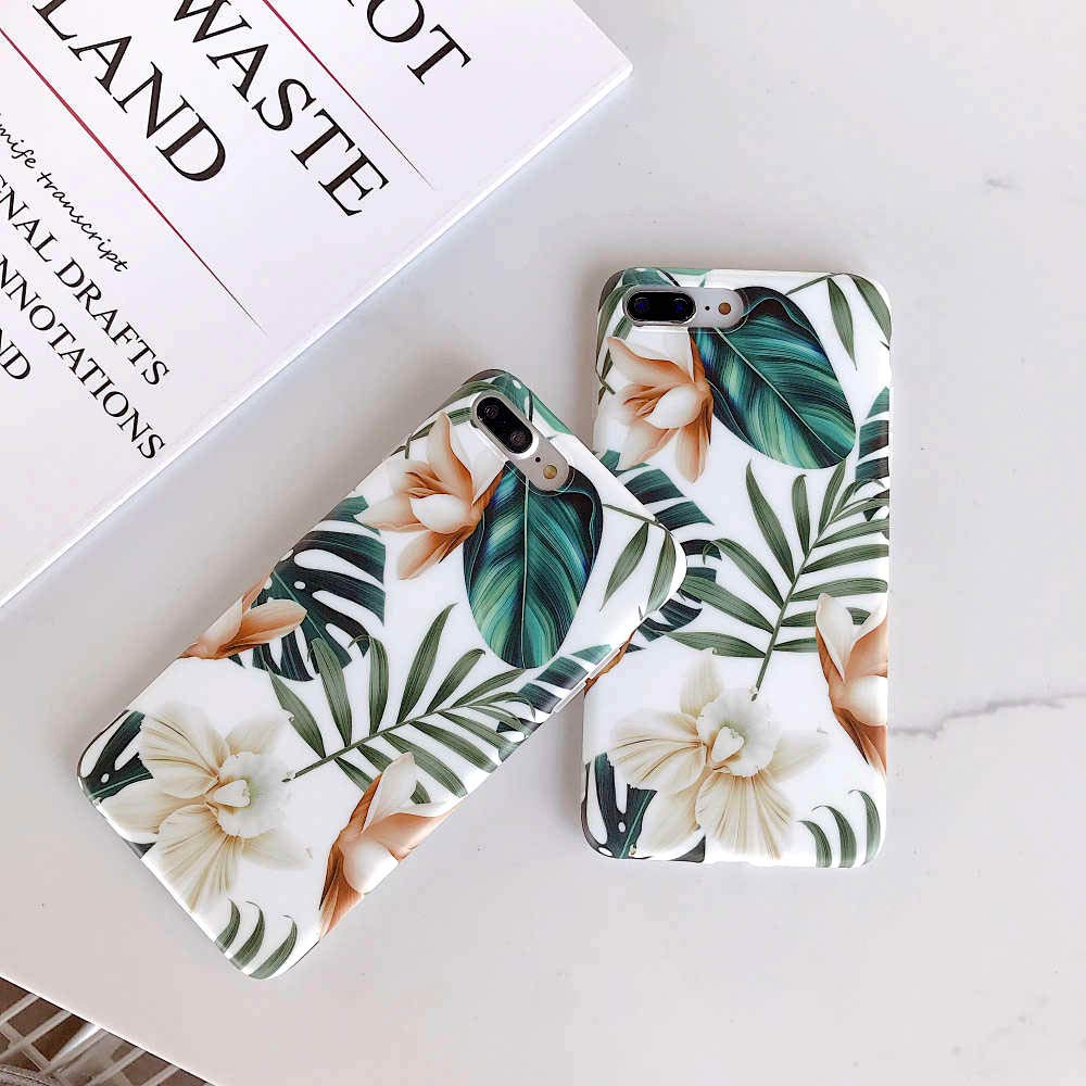 ooooops for iPhone 8 Plus Case, 7 Plus Case for Girls, Green Leaves with White&Brown Flower Pattern Design,Slim Fit Clear Soft TPU Full-Body Protective Cover for iPhone 7Plus 8Plus(Leaves&Flowers)