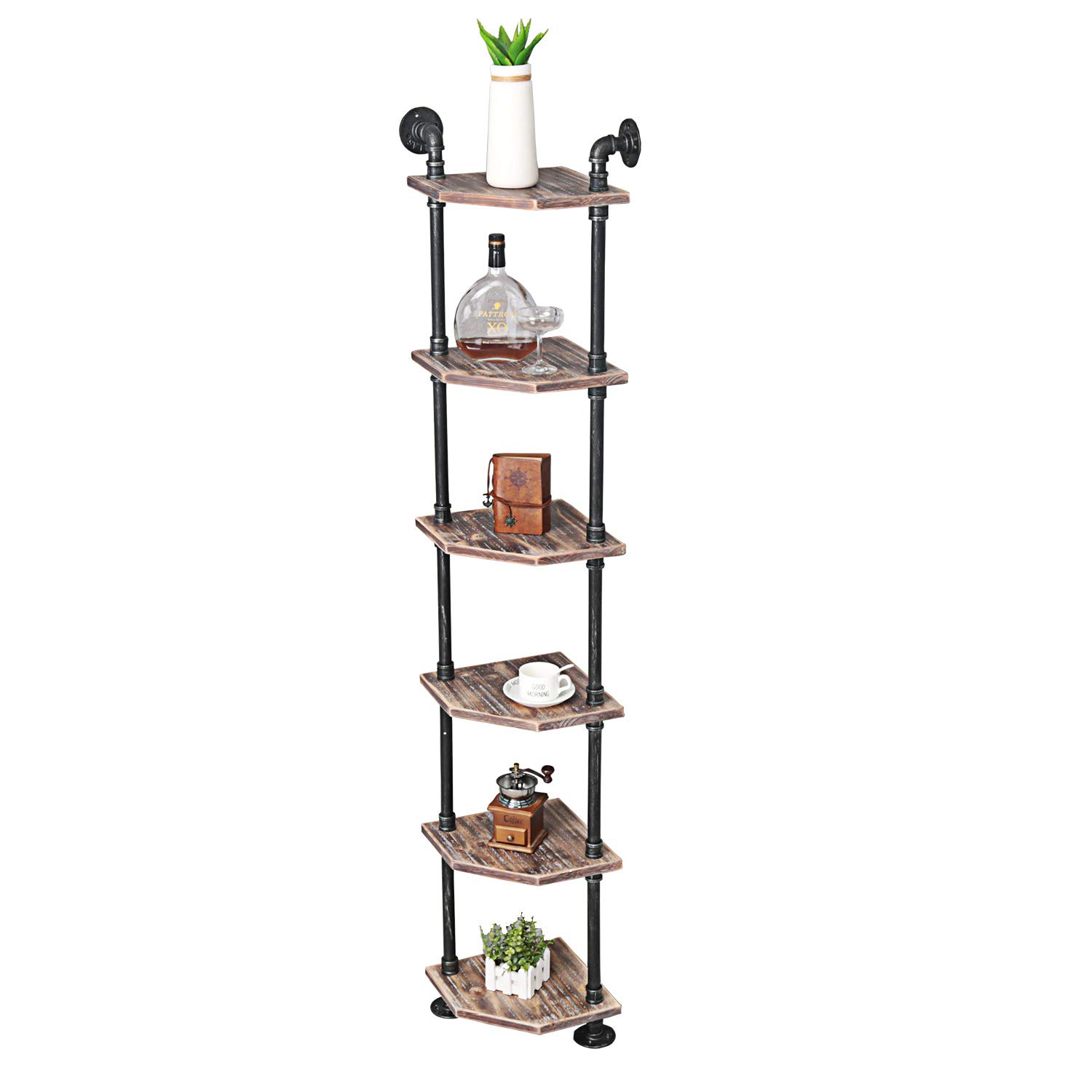 MBQQ Industrial Pipe Shelves Modern/Rustic Corner Book Shelves with Real Wood,Corner 6-Tier Bookshelf Display Stand,Metal Standing Home Decor Shelf Units