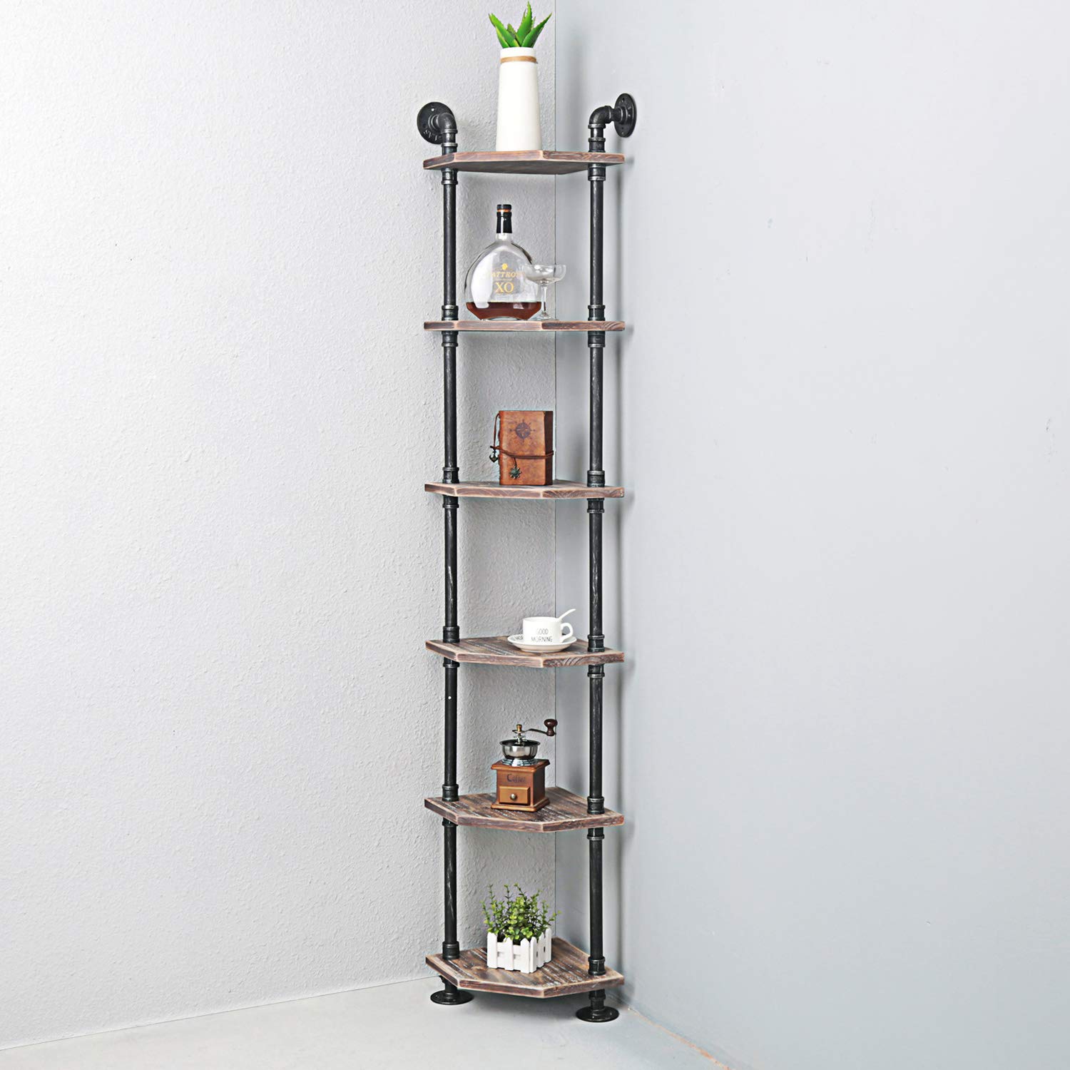 MBQQ Industrial Pipe Shelves Modern/Rustic Corner Book Shelves with Real Wood,Corner 6-Tier Bookshelf Display Stand,Metal Standing Home Decor Shelf Units