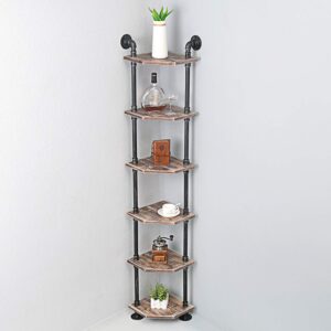 MBQQ Industrial Pipe Shelves Modern/Rustic Corner Book Shelves with Real Wood,Corner 6-Tier Bookshelf Display Stand,Metal Standing Home Decor Shelf Units