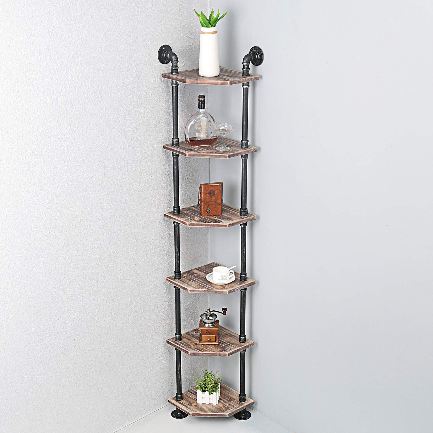 MBQQ Industrial Pipe Shelves Modern/Rustic Corner Book Shelves with Real Wood,Corner 6-Tier Bookshelf Display Stand,Metal Standing Home Decor Shelf Units