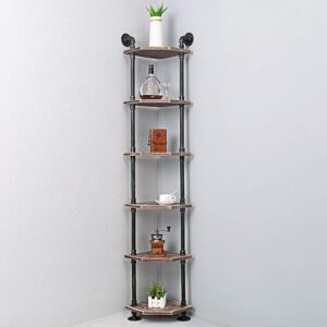 MBQQ Industrial Pipe Shelves Modern/Rustic Corner Book Shelves with Real Wood,Corner 6-Tier Bookshelf Display Stand,Metal Standing Home Decor Shelf Units