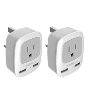 us to uk ireland travel plug adapter 2 pack, tessan type g power outlet adaptor with 2 usb for usa to dubai scotland british london england qatar irish