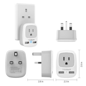 US to UK Ireland Travel Plug Adapter 2 Pack, TESSAN Type G Power Outlet Adaptor with 2 USB for USA to Dubai Scotland British London England Qatar Irish