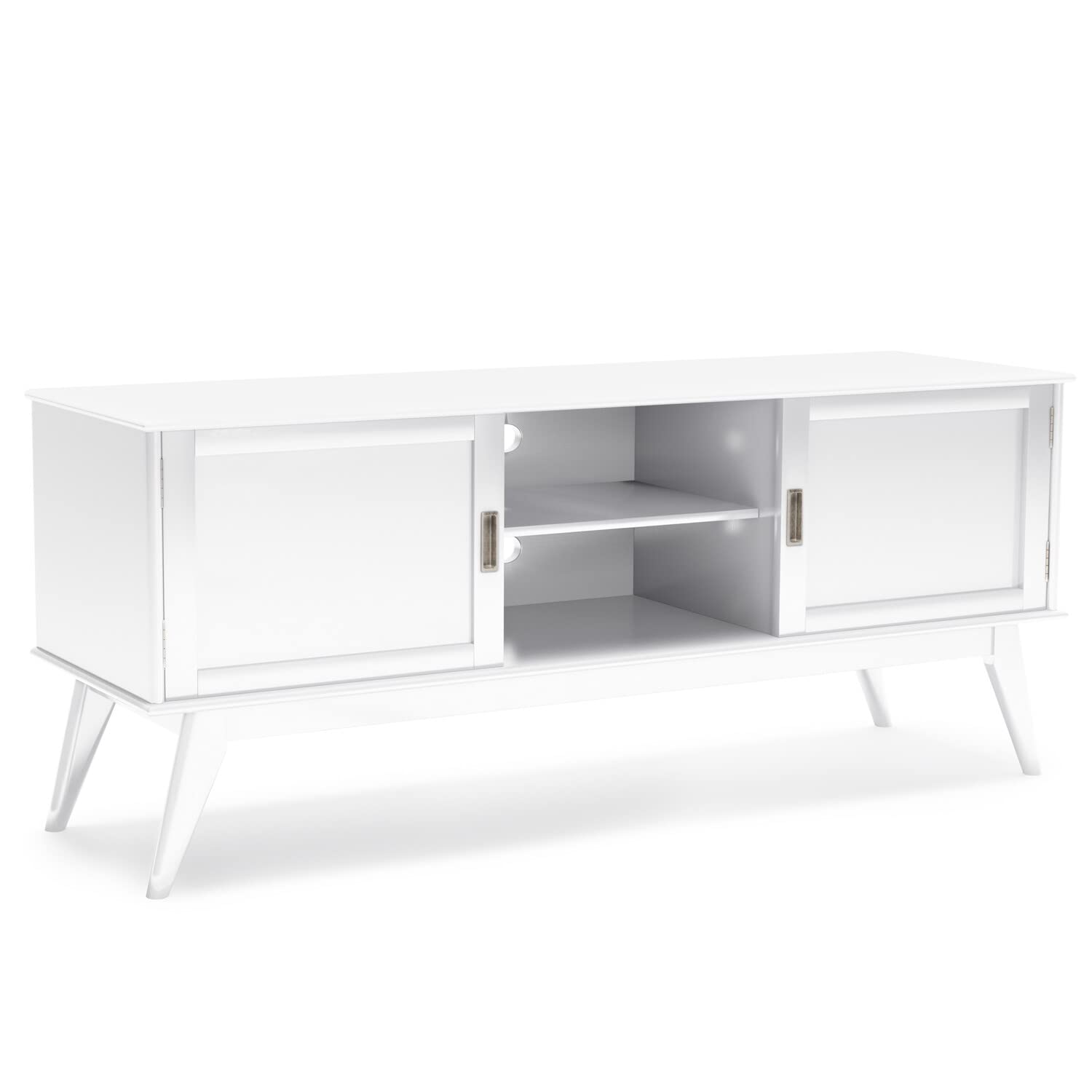 SIMPLIHOME Draper SOLID HARDWOOD 60 Inch Wide Mid Century Modern TV Media Stand in White for TVs up to 65 Inches, For the Living Room and Entertainment Center