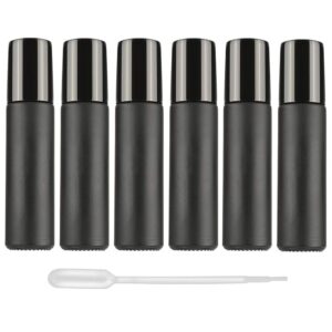 essential oil roller bottles, 6pcs 10ml black glass roller bottles vials containers with metal roller ball and black cap for essential oil aromatherapy perfume cosmetic skincare liquid, 1 dropper