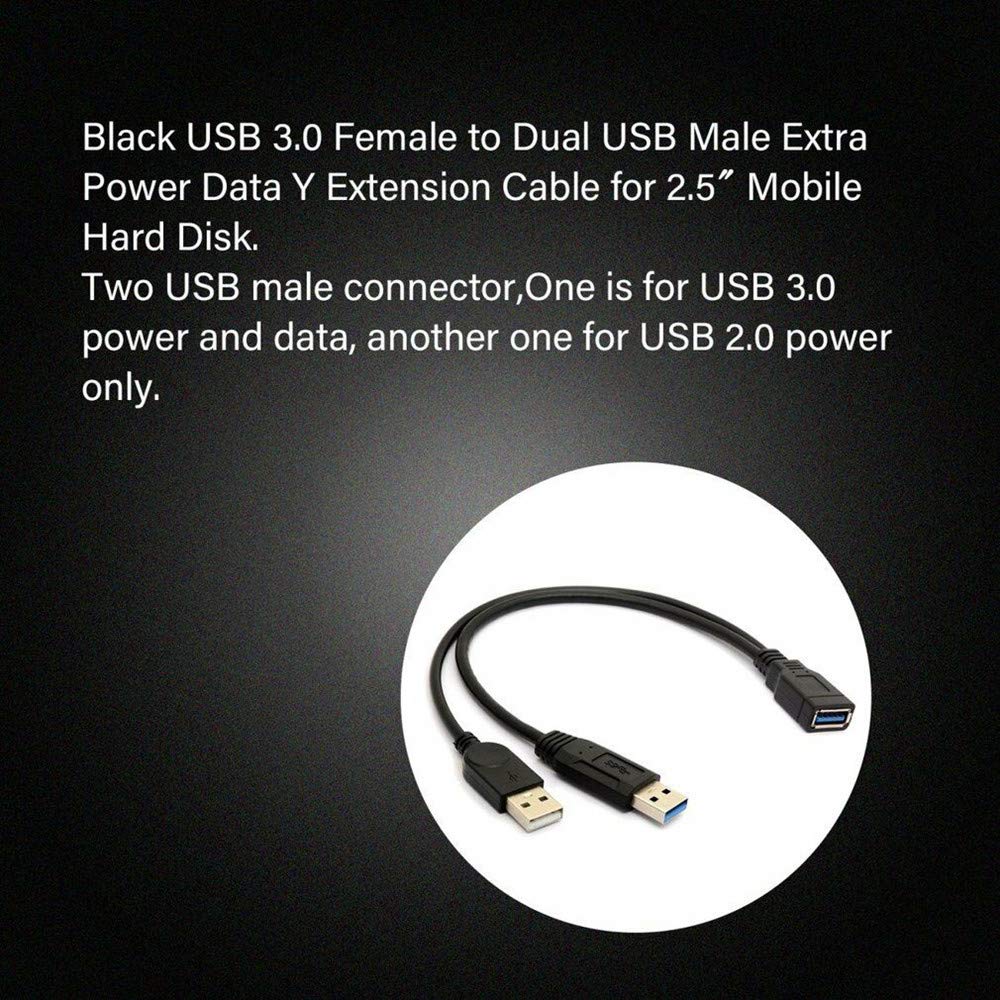 ANRANK USB 3.0 Female to Dual USB Male Extra Power Data Extension Cord Adapter Splitter Y-Cable Black