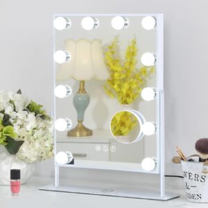 fenchilin lighted makeup mirror hollywood mirror vanity makeup mirror with light smart touch control 3colors dimmable light detachable 10x magnification 360°rotation(white)