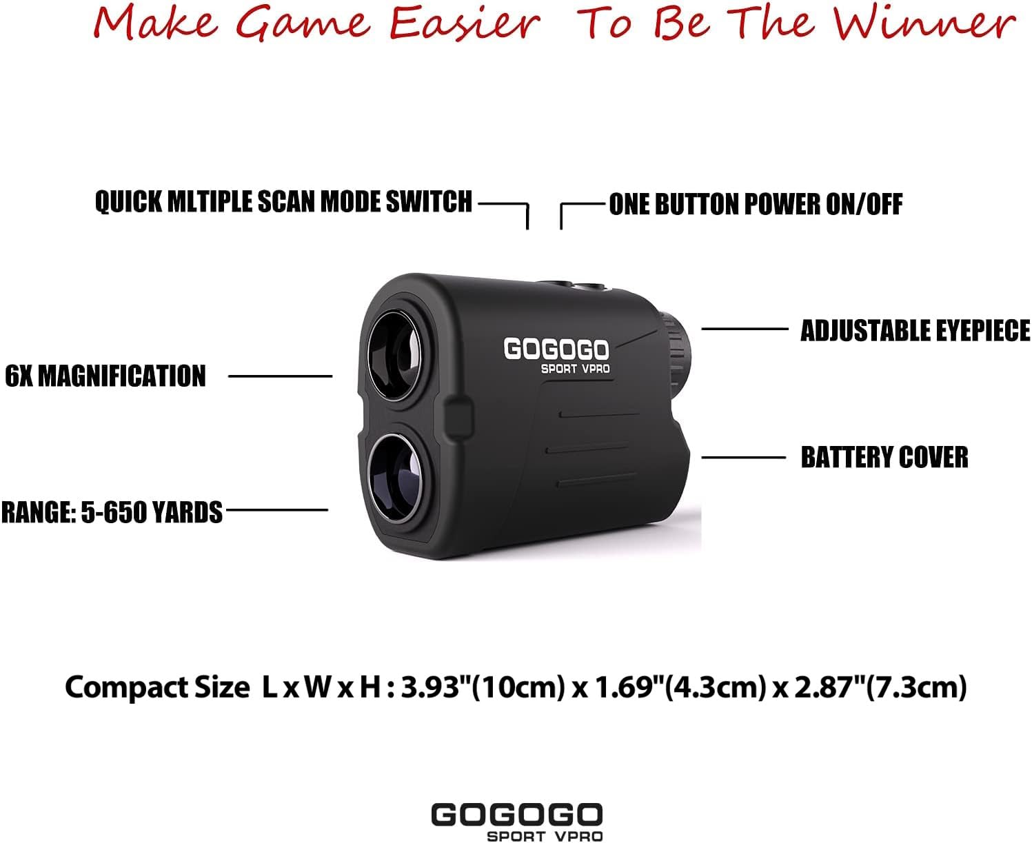 Gogogo Sport Vpro Laser Golf/Hunting Rangefinder, 6X Magnification Clear View 650/1200 Yards Laser Range Finder, Lightweight, Slope, Pin-Seeker & Flag-Lock & Vibration (650 Yard)