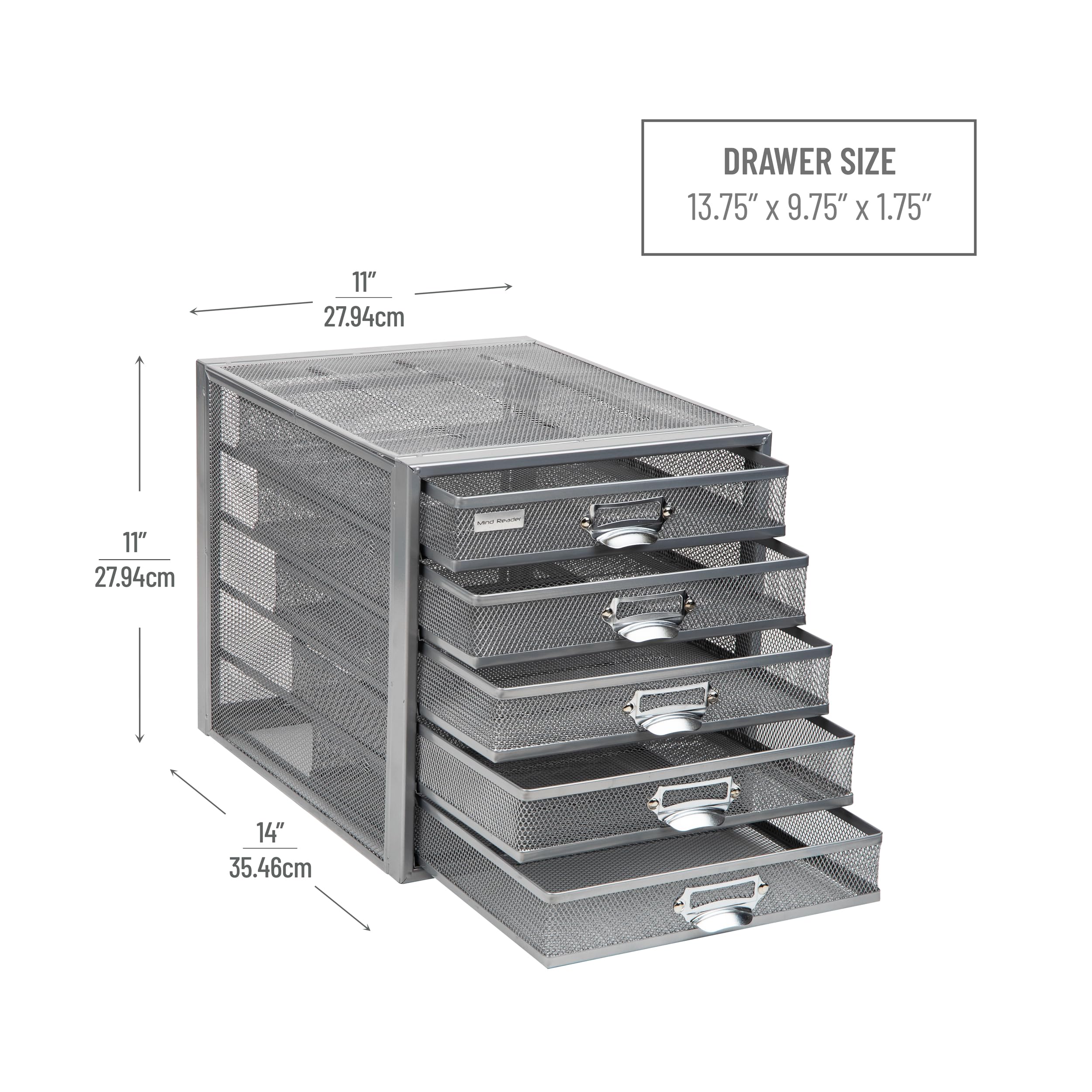 Mind Reader File Storage Drawers, Desk Organizer, Multi-Purpose, Crafts, Office, Metal Mesh, 11"L x 14"W x 11"H, Silver