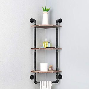 MBQQ Industrial Pipe Shelf,Rustic Corner Shelves with Towel Bar,Bathroom Shelves Wall Mounted,3 Tiered Metal&Real Wood Home Decor Floating Shelves