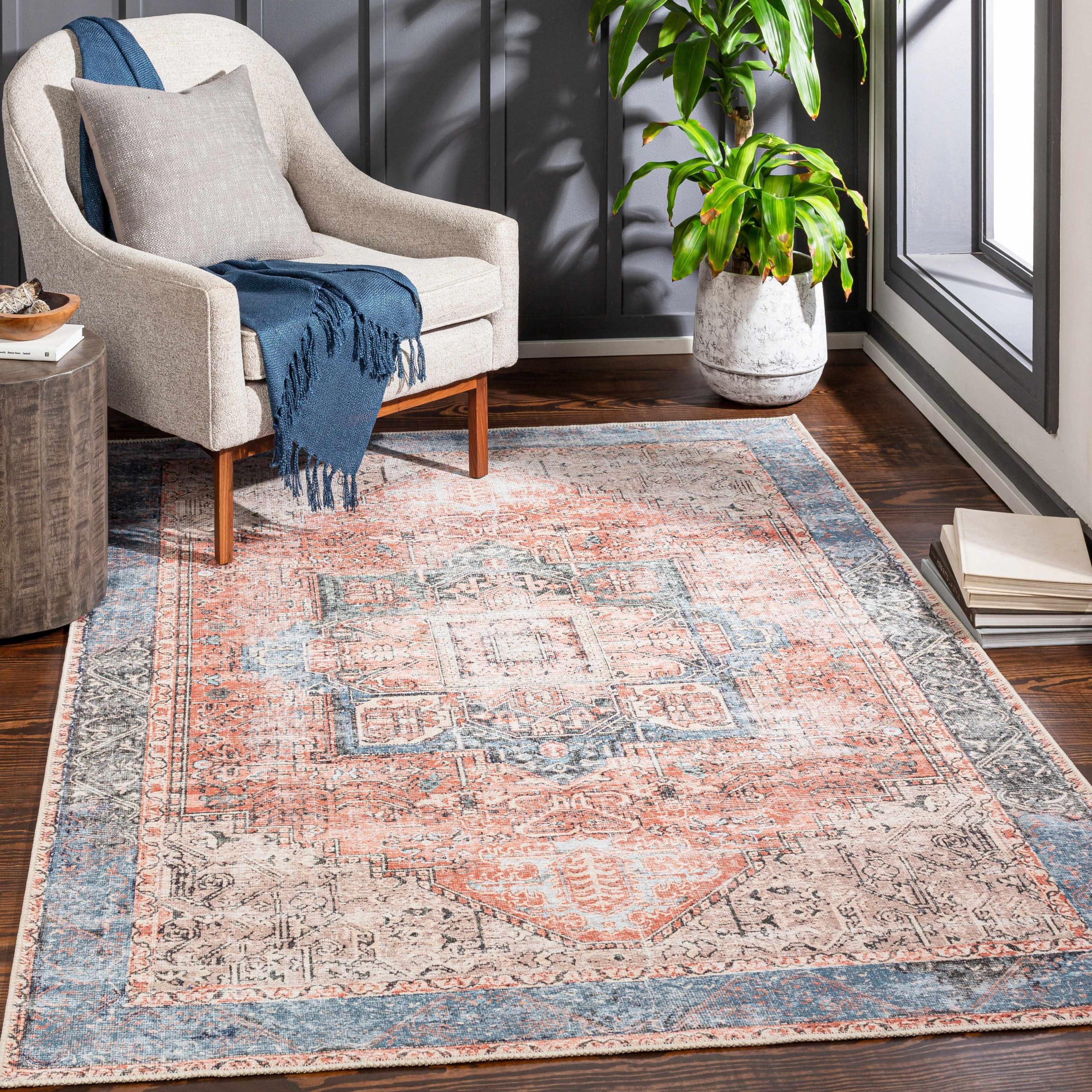 Hauteloom Rosman Machine Washable 7'10"x10'2" Living Room Bedroom Area Rug - Persian Oriental - Vintage Distressed Medallion - Pet & Child Friendly - Stain & Water Resistant - Terracotta, Brown