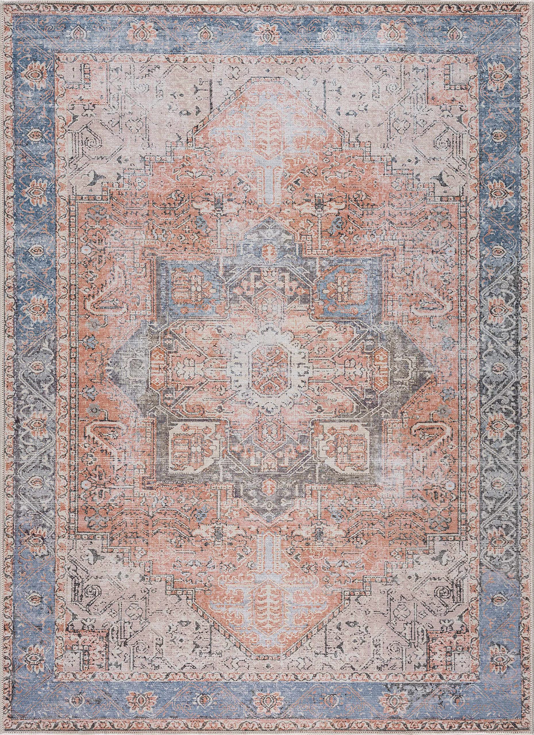 Hauteloom Rosman Machine Washable 7'10"x10'2" Living Room Bedroom Area Rug - Persian Oriental - Vintage Distressed Medallion - Pet & Child Friendly - Stain & Water Resistant - Terracotta, Brown