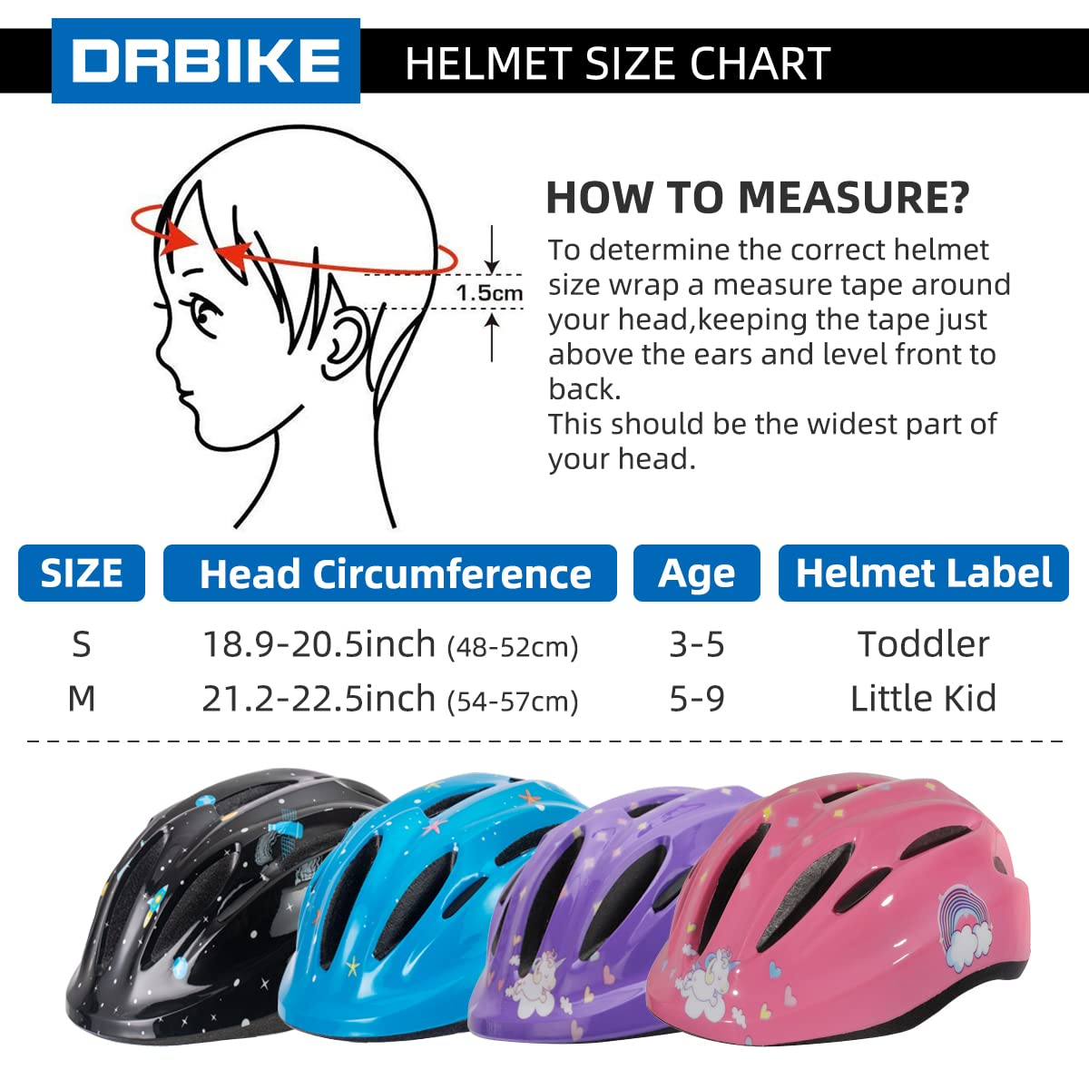 DRBIKE Kids Bike Helmet for Boys and Girls Ages 3-5 Years, Adjustable & Lightweight Toddlers Cycling Helmet, Multi-Sport Roller Skating Scooter, Blue S