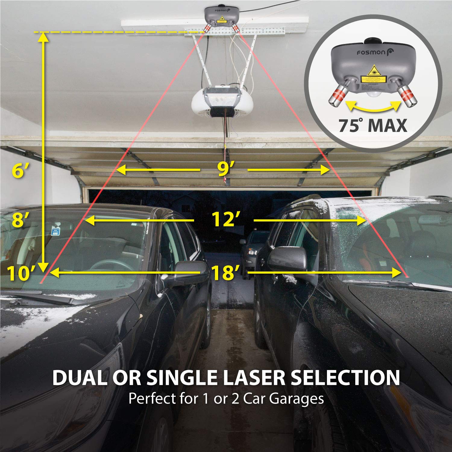 Fosmon, Wider Angle Upgrade, Dual Laser Garage Parking Assist Guide System, 360-degree Adjustable Parking Sensor with AC Adapter and Battery Backup for Car/Automotive