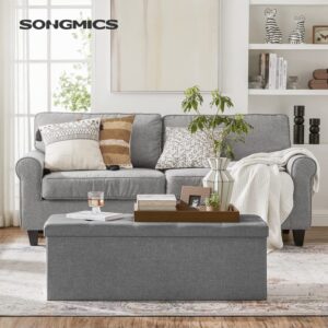 SONGMICS 43 Inches Folding Storage Ottoman Bench, Storage Chest, Foot Rest Stool, Bedroom Bench with Storage, Light Gray ULSF77G