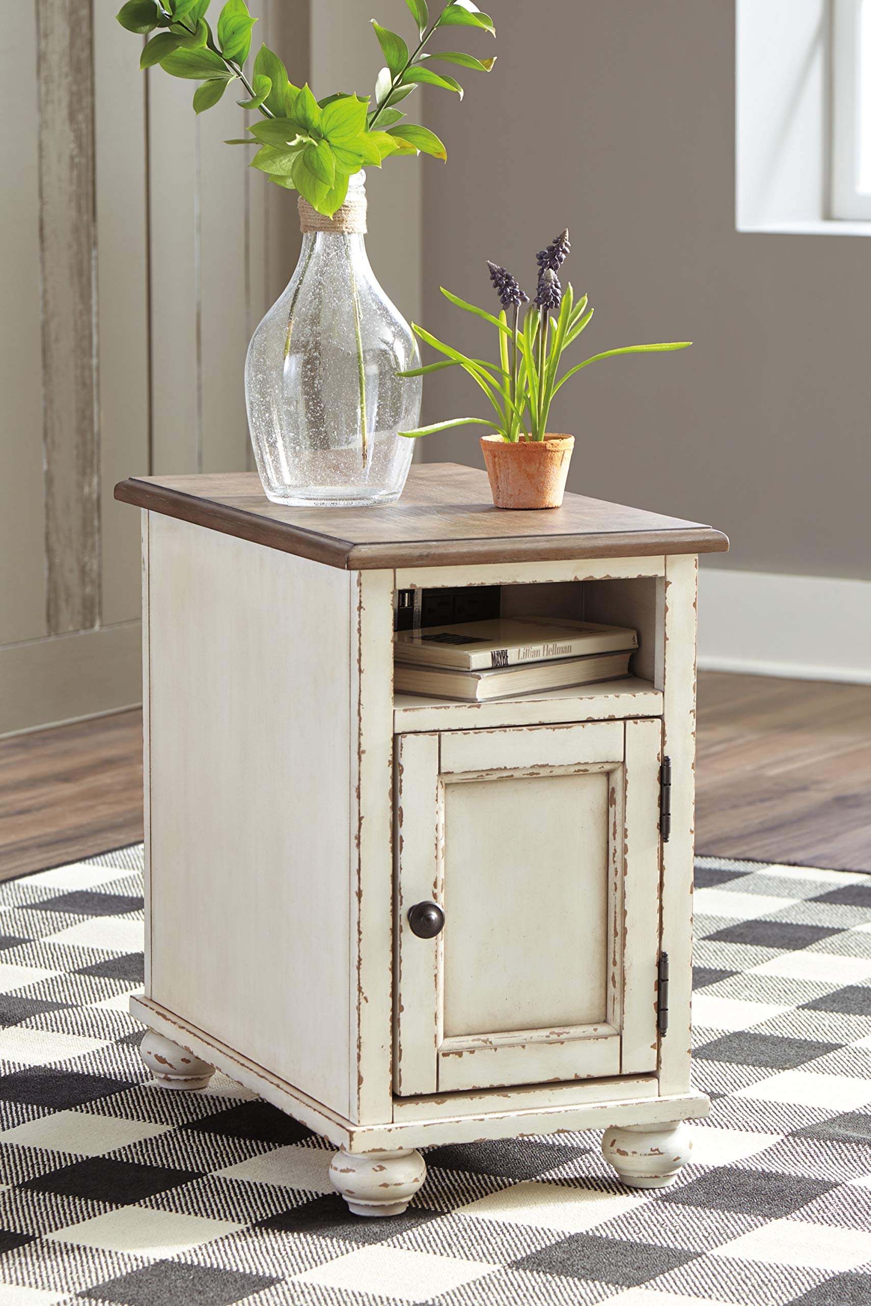 Signature Design by Ashley Realyn French Country Chair Side End Table with Outlets & USB Ports, Cream