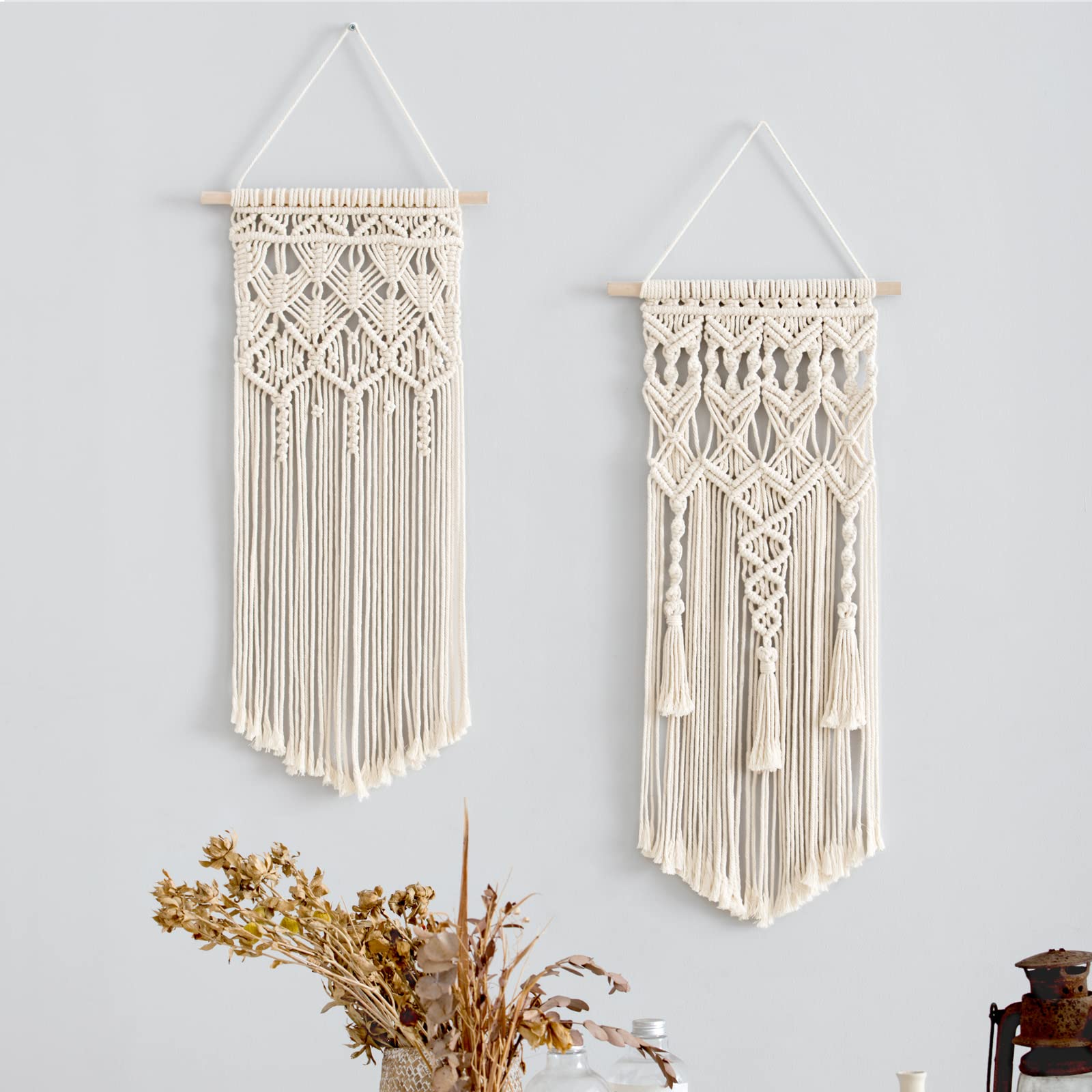 Mkono 2 Pcs Macrame Woven Wall Hanging Boho Chic Geometric Art Decor - Beautiful Bedroom Nursery Apartment Home Decoration, Gift for Girls Adults Birthday, 28" L x 13" W