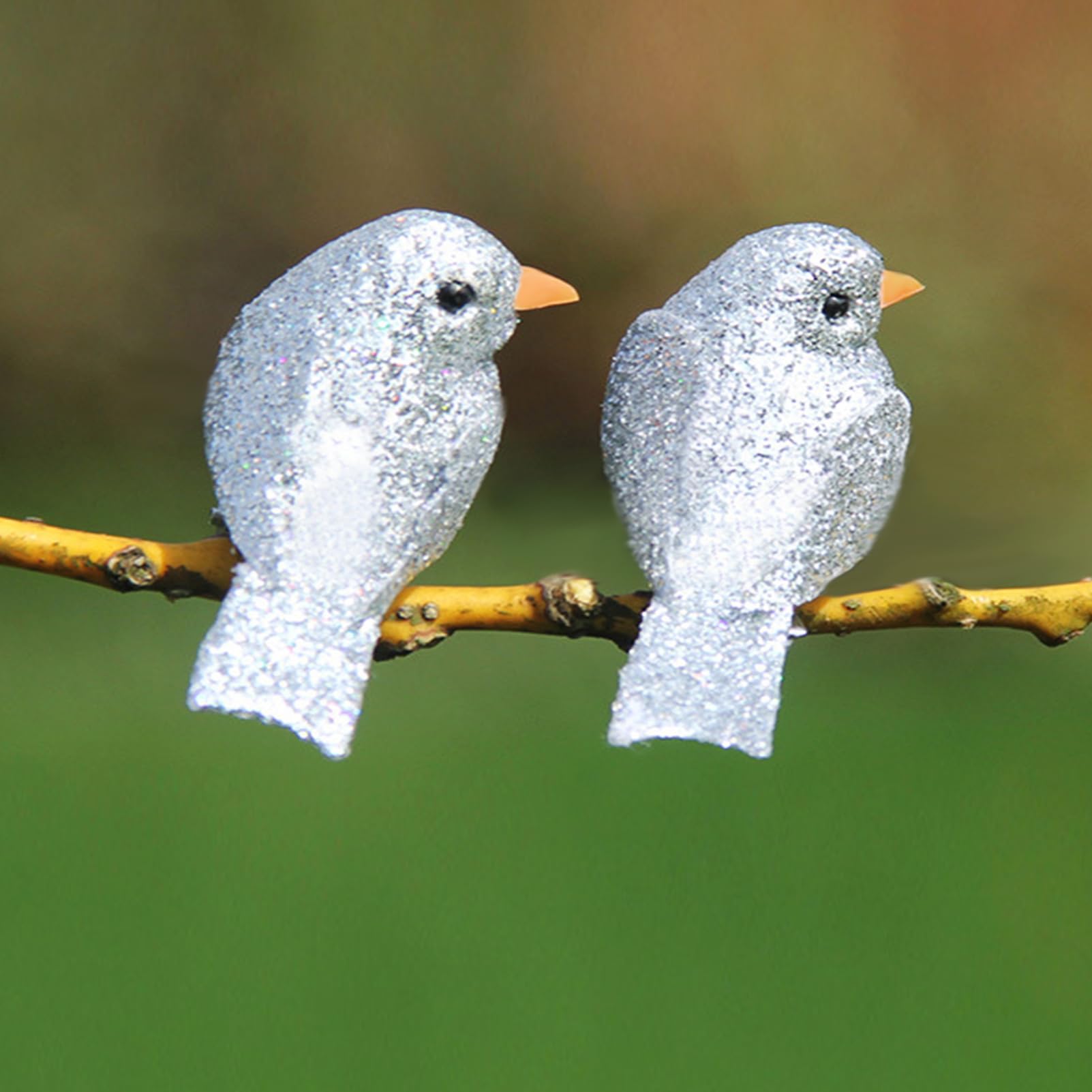 LWINGFLYER 12pcs Tiny Silver Glitter Artificial Foam Birds 2" Mini Clip on Decorative Bird Ornaments for Crafts Christmas Tree Wedding Decoration Home Garden Party Accessories