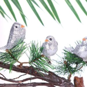 LWINGFLYER 12pcs Tiny Silver Glitter Artificial Foam Birds 2" Mini Clip on Decorative Bird Ornaments for Crafts Christmas Tree Wedding Decoration Home Garden Party Accessories