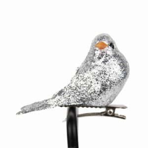 LWINGFLYER 12pcs Tiny Silver Glitter Artificial Foam Birds 2" Mini Clip on Decorative Bird Ornaments for Crafts Christmas Tree Wedding Decoration Home Garden Party Accessories