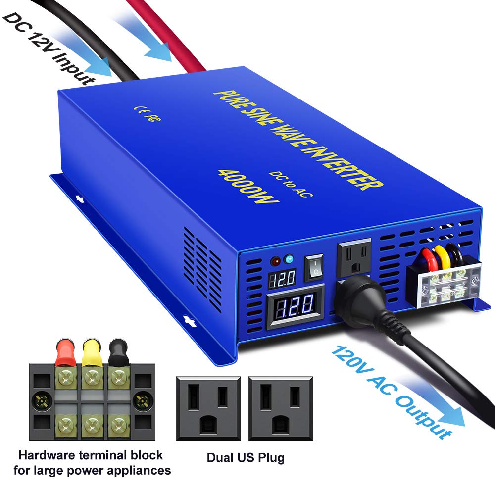 XYZ INVT 4000 Watt Pure Sine Wave Inverter 12V DC to 120V AC, 4000W Power Inverter Surge 8000W Power Converter for Solar System, RV, Car, Truck (4000W 12V 120V