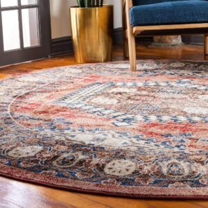 Unique Loom Utopia Collection Area Rug - Larissa (7'Round, Terracotta/ Blue)