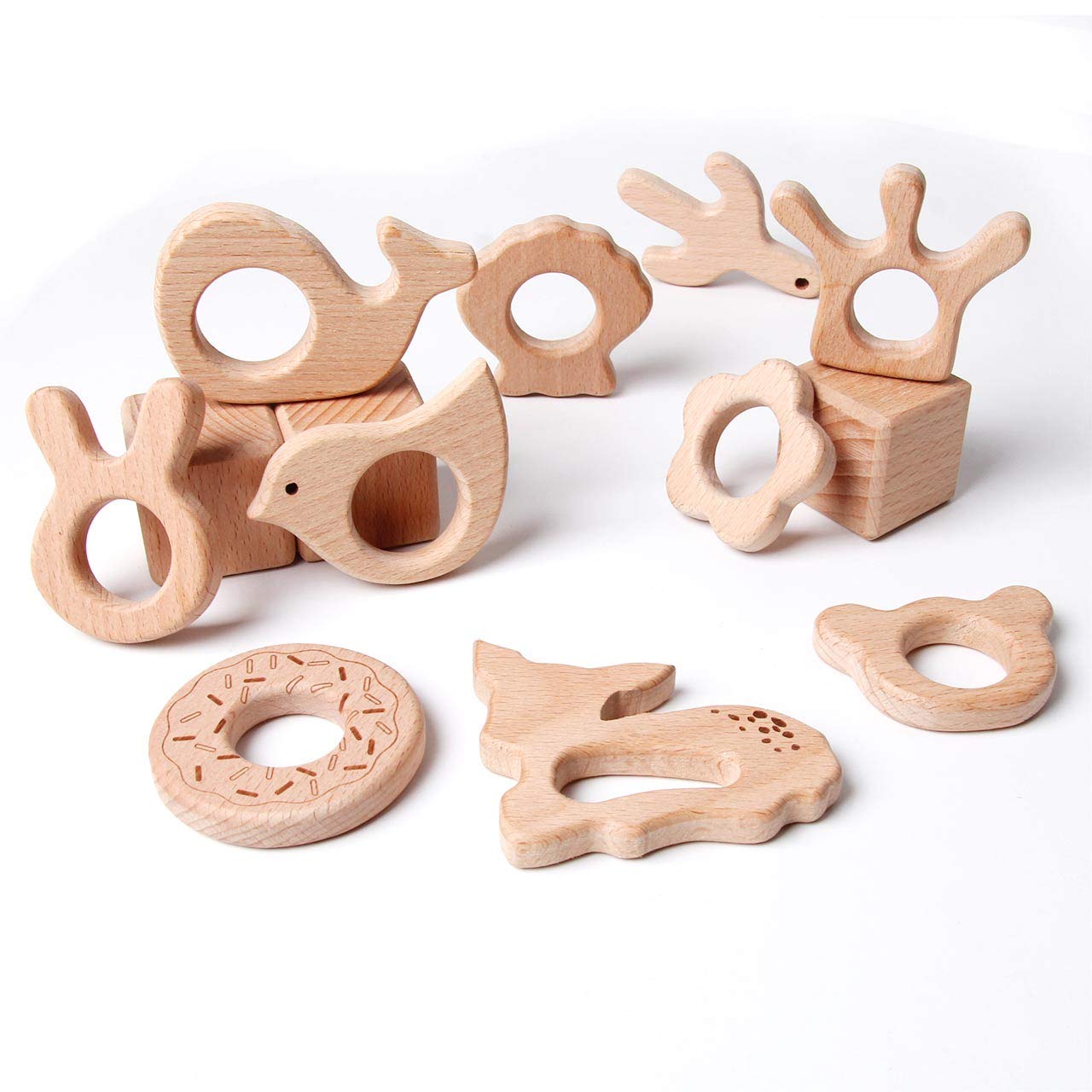 Baby Natural Wooden Teether Toy Wood Pendant Animals Bulk Safe and Satisfying Toy, Bunny Whale Bird Bear Crown Shell Flower Cactus Doughnut Deer