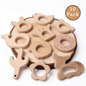 Baby Natural Wooden Teether Toy Wood Pendant Animals Bulk Safe and Satisfying Toy, Bunny Whale Bird Bear Crown Shell Flower Cactus Doughnut Deer