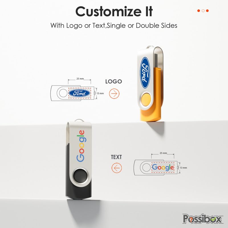 Possibox Custom Swivel USB Flash Drive 16GB Promotional Product Personalized with Your Logo - Bulk USB 2.0 - Customizable 100 Pack