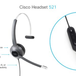 CISCO Headset 521, Wired Single On-Ear 3.5mm Headset with USB-A Adapter, Charcoal, 2-Year Limited Liability Warranty (CP-HS-W-521-USB=)