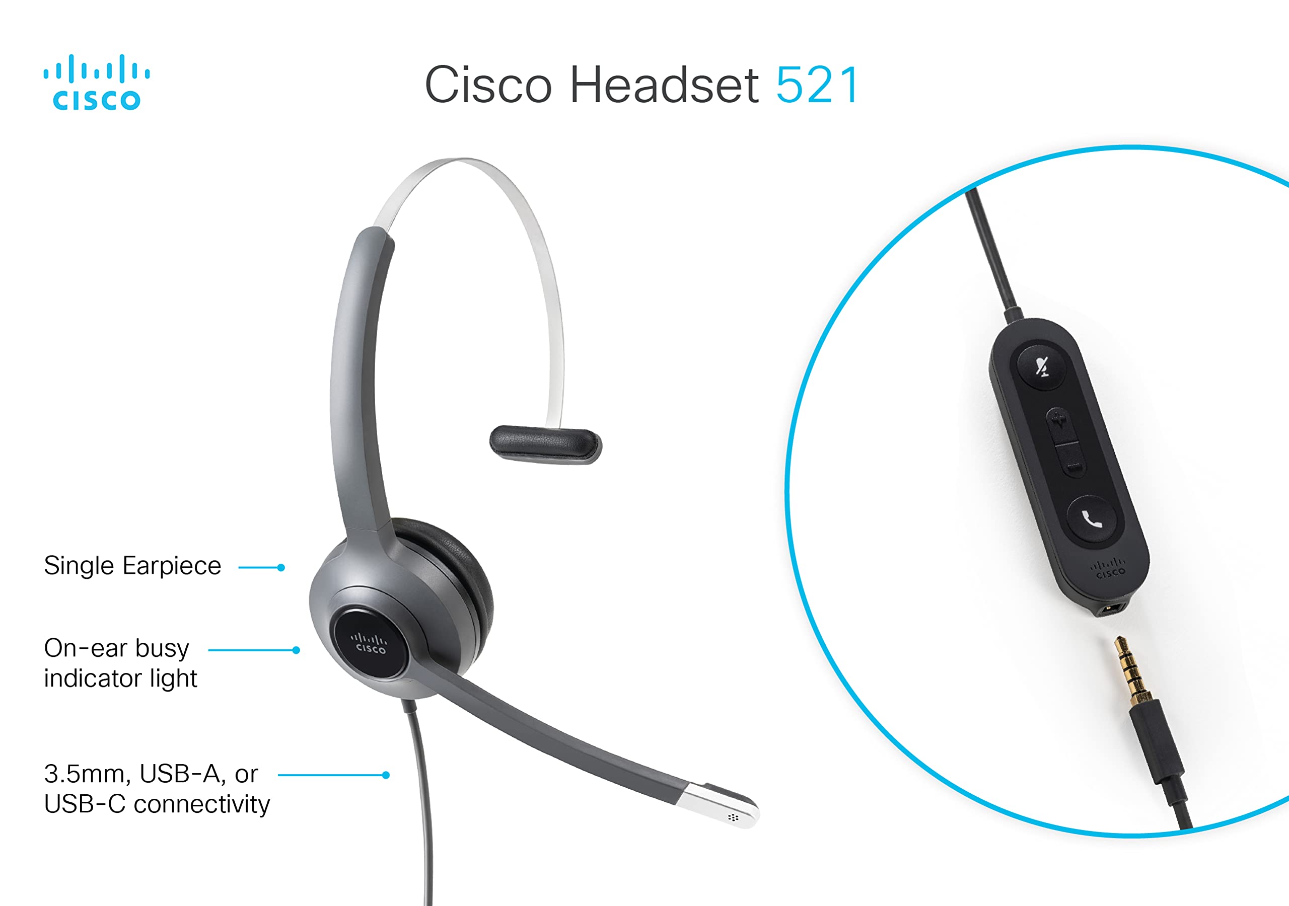 CISCO Headset 521, Wired Single On-Ear 3.5mm Headset with USB-A Adapter, Charcoal, 2-Year Limited Liability Warranty (CP-HS-W-521-USB=)