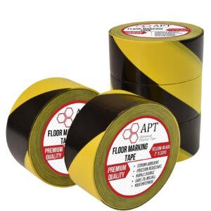 apt premium black and yellow striped vinyl floor safety marking tape, excellent for hazard caution& warning, social distancing, warehouse & gym floor (2 inch, 5 rolls, yellow/black)