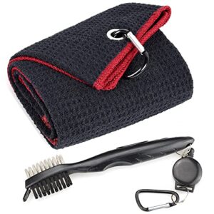 mile high life microfiber waffle pattern tri-fold golf towel | brush tool kit with club groove cleaner, retractable extension cord and clip (black w/red towel+black brush)