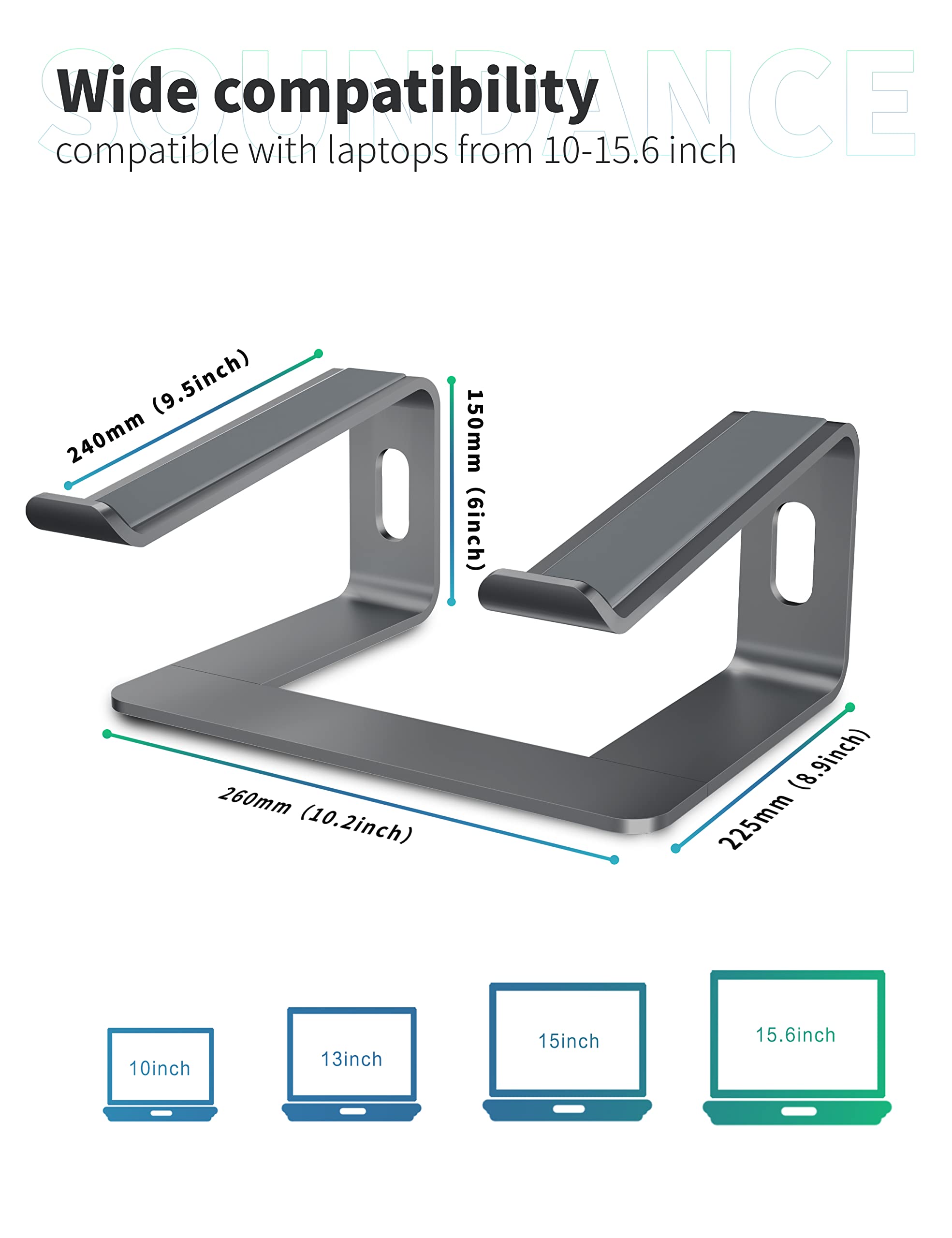 SOUNDANCE Laptop Stand, Aluminum Computer Riser, Ergonomic Laptops Elevator for Desk, Metal Holder Compatible with 10 to 15.6 Inches Notebook Computer, Grey