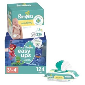 pampers easy ups pull on training pants boys and girls, 3t-4t, one month supply (124 count) with sensitive water based baby wipes 6x pop-top packs (336 count)