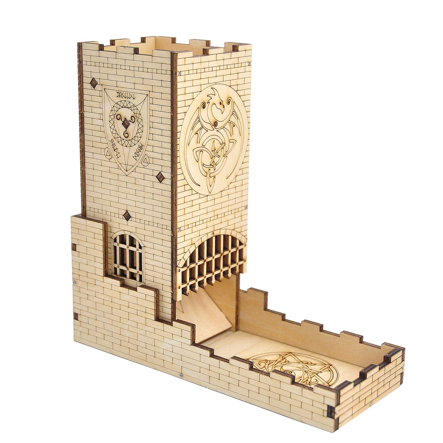 Castle Dice Tower with Tray Wood Laser Cut Dragon Carving Easy Roller Perfect for Board Game, D&D and RPG (Castle)