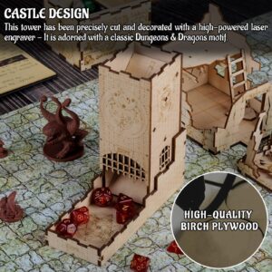 Castle Dice Tower with Tray Wood Laser Cut Dragon Carving Easy Roller Perfect for Board Game, D&D and RPG (Castle)